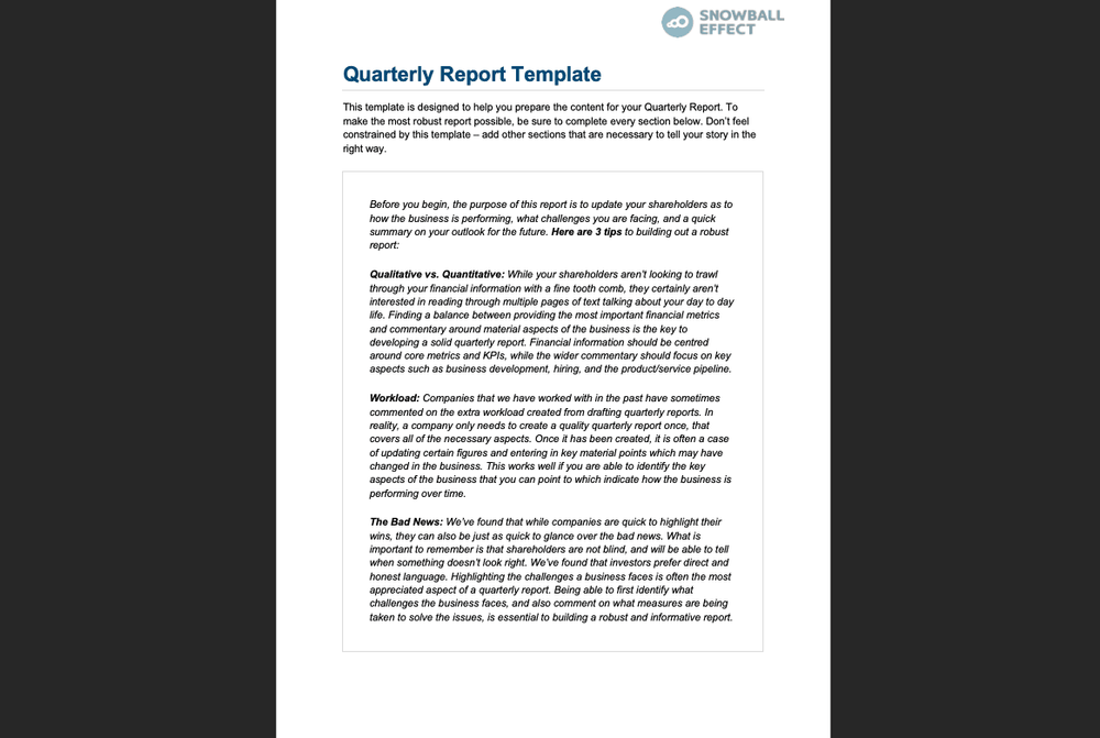 Quarterly Report Template – Snowball Effect